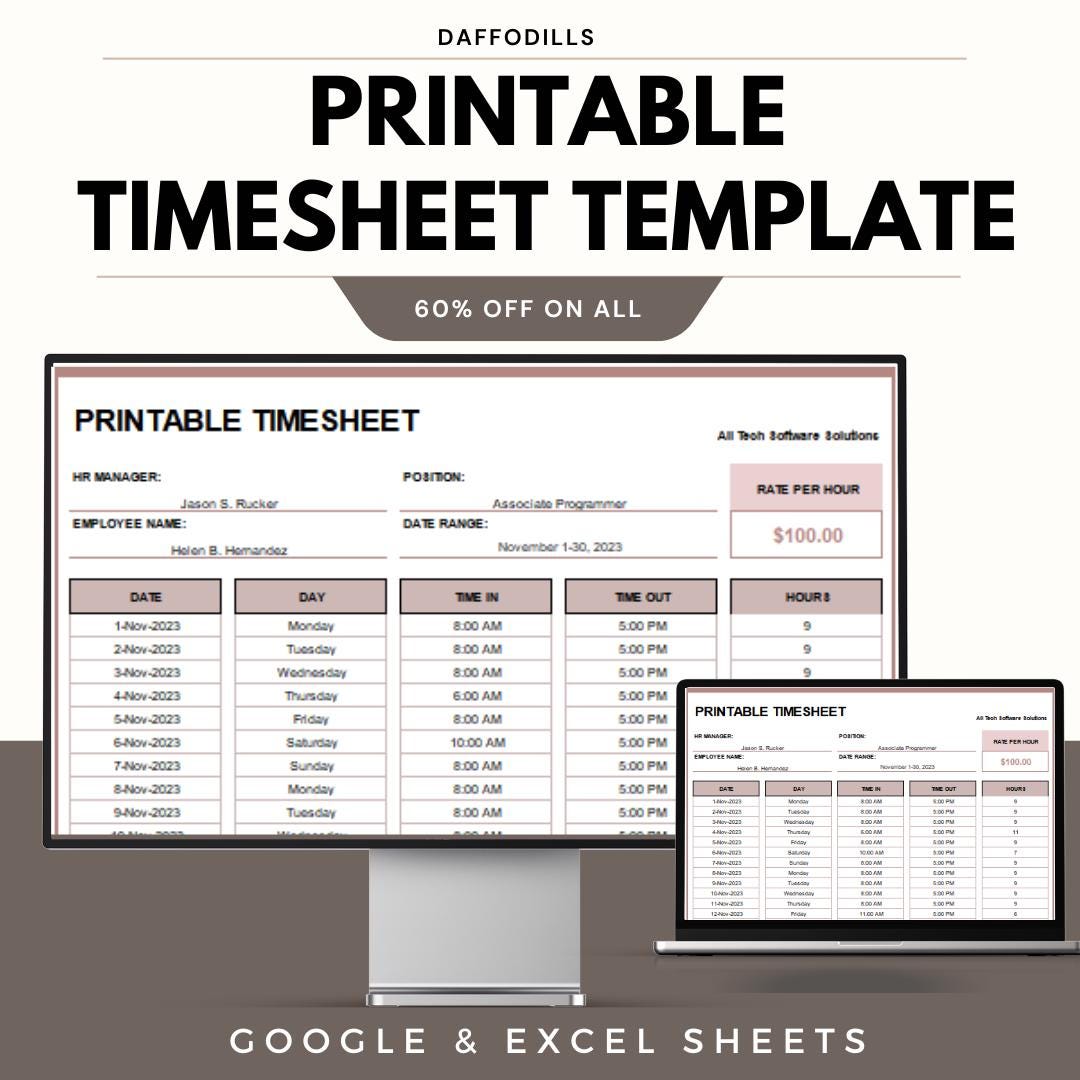 Printable Timesheet Template | Google Sheets and Excel | Employee Work ...