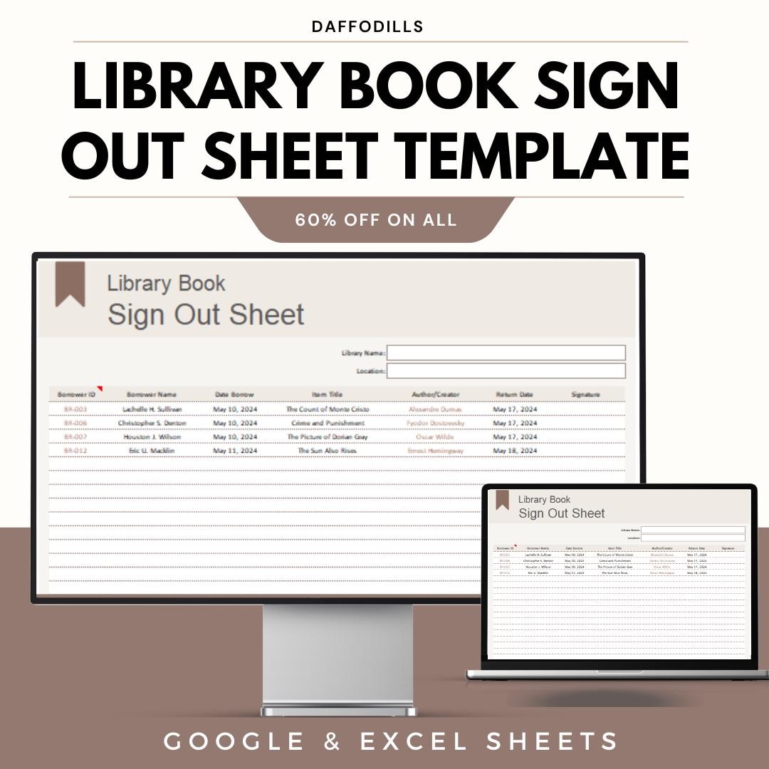 Library Book Sign Out Sheet Template, Book Checkout Log, School Library ...