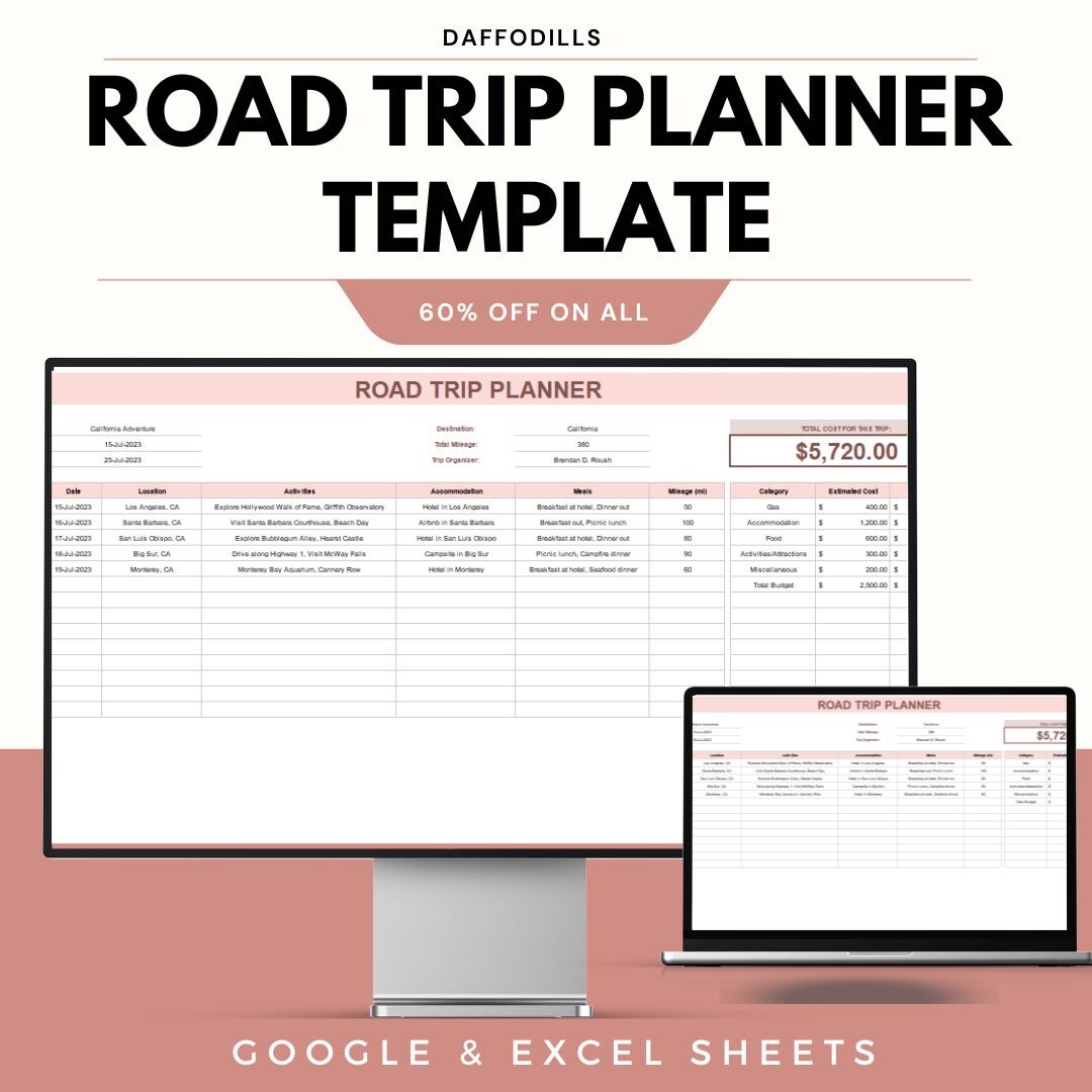 Road Trip Planner Template, Travel Itinerary Spreadsheet, Vacation ...