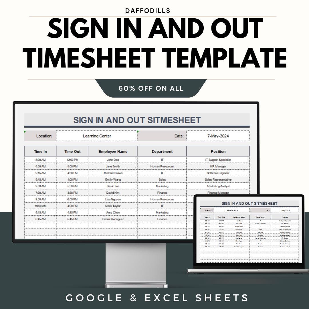 Sign in and Out Timesheet Template | Employee Attendance Tracker ...