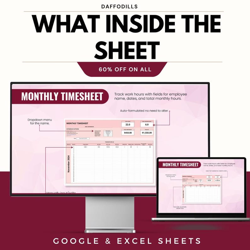 Monthly Timesheet Template, Employee Work Hours Tracker, Google & Excel ...