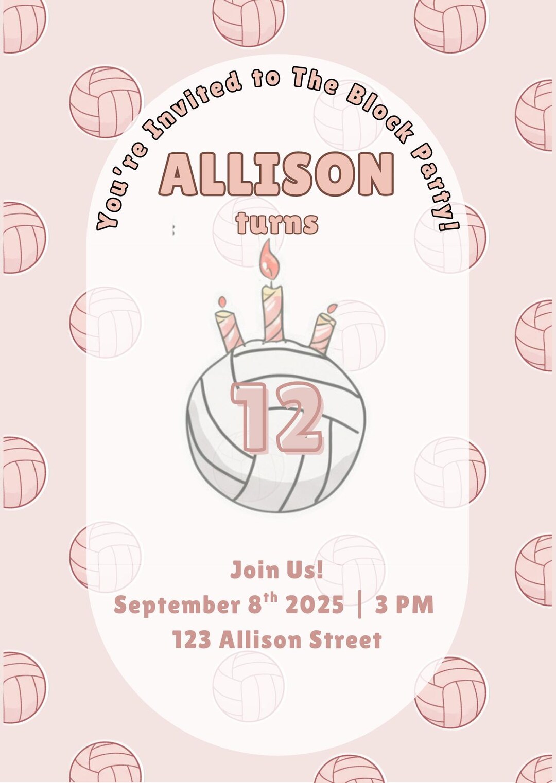 Pink Volleyball Birthday Invitation Card (canva Template) - Etsy