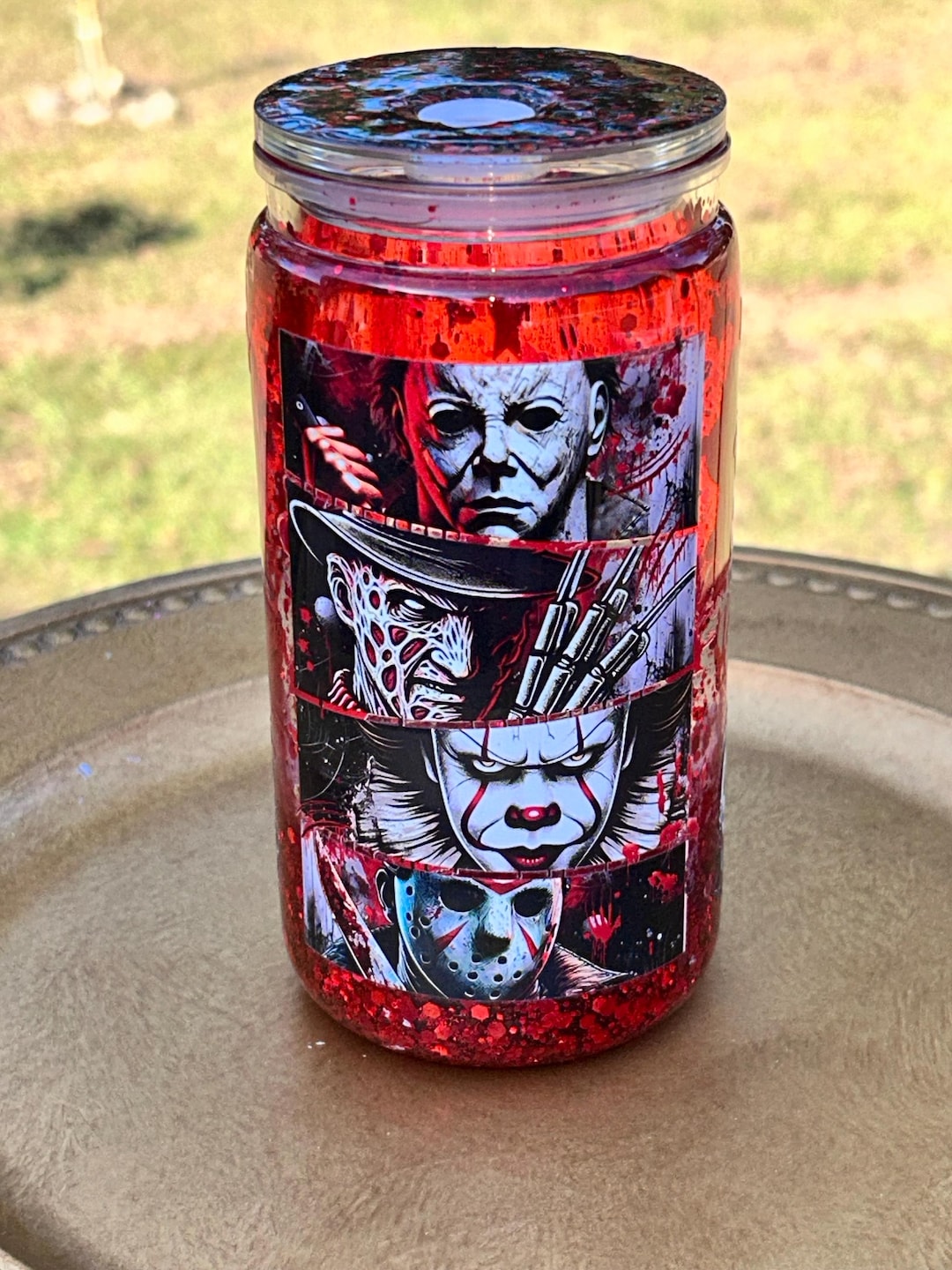 16 Oz Horror Movie Snowglobe Tumbler | Red Blood Drip Glitter Cup ...
