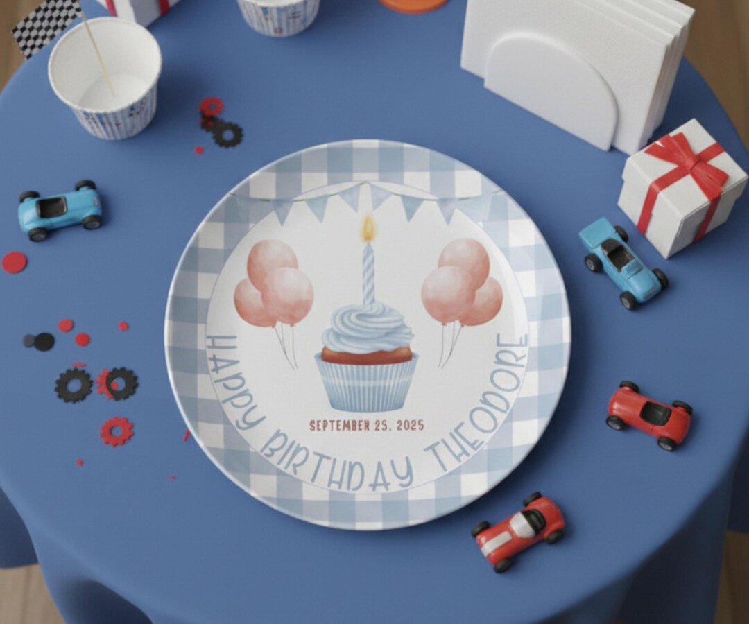Custom Boy Birthday Plate Blue Gingham Personalized Kids Plate Cupcake ...