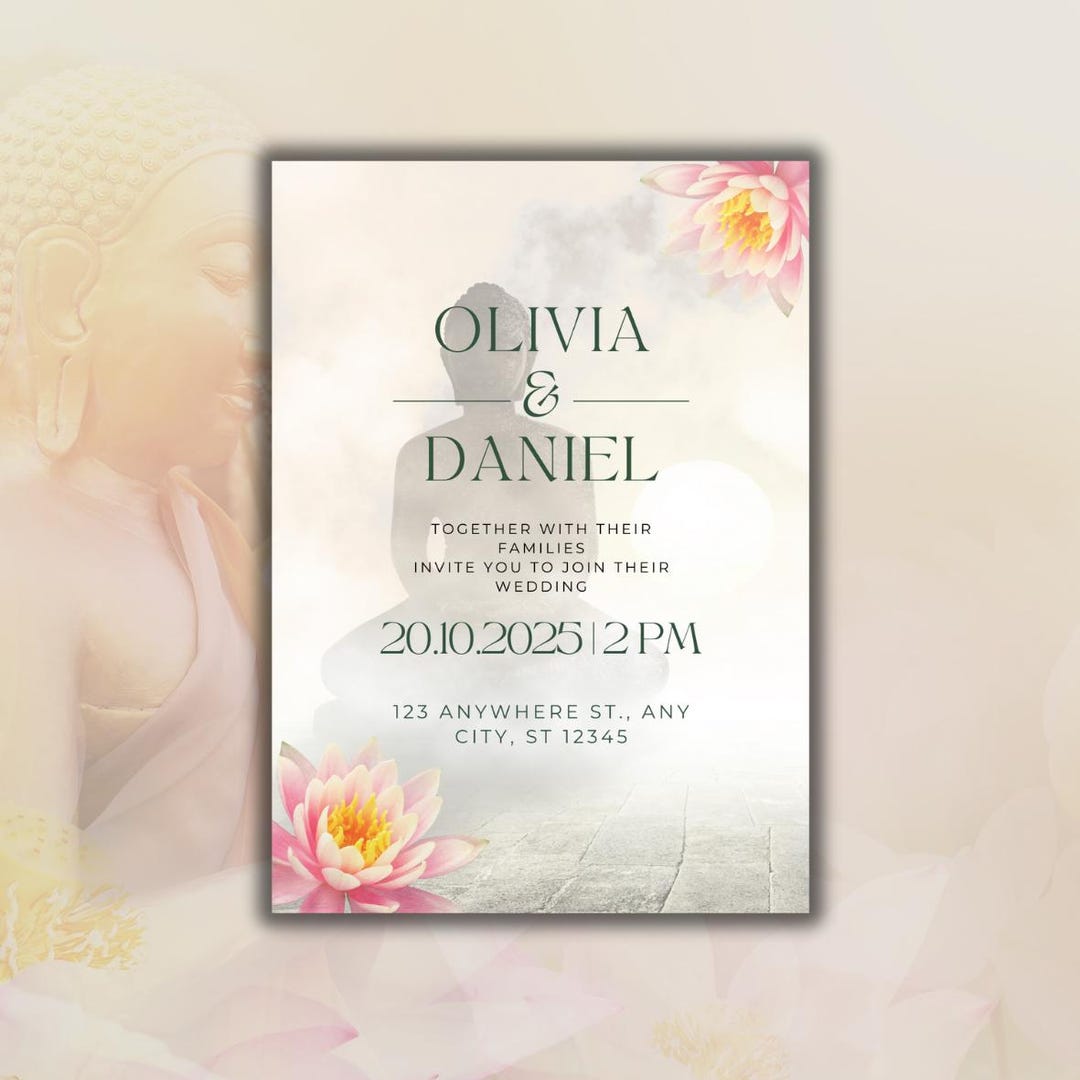 Buddhist Wedding Invitation, Buddha Template for Canva 5x7" Lotus ...