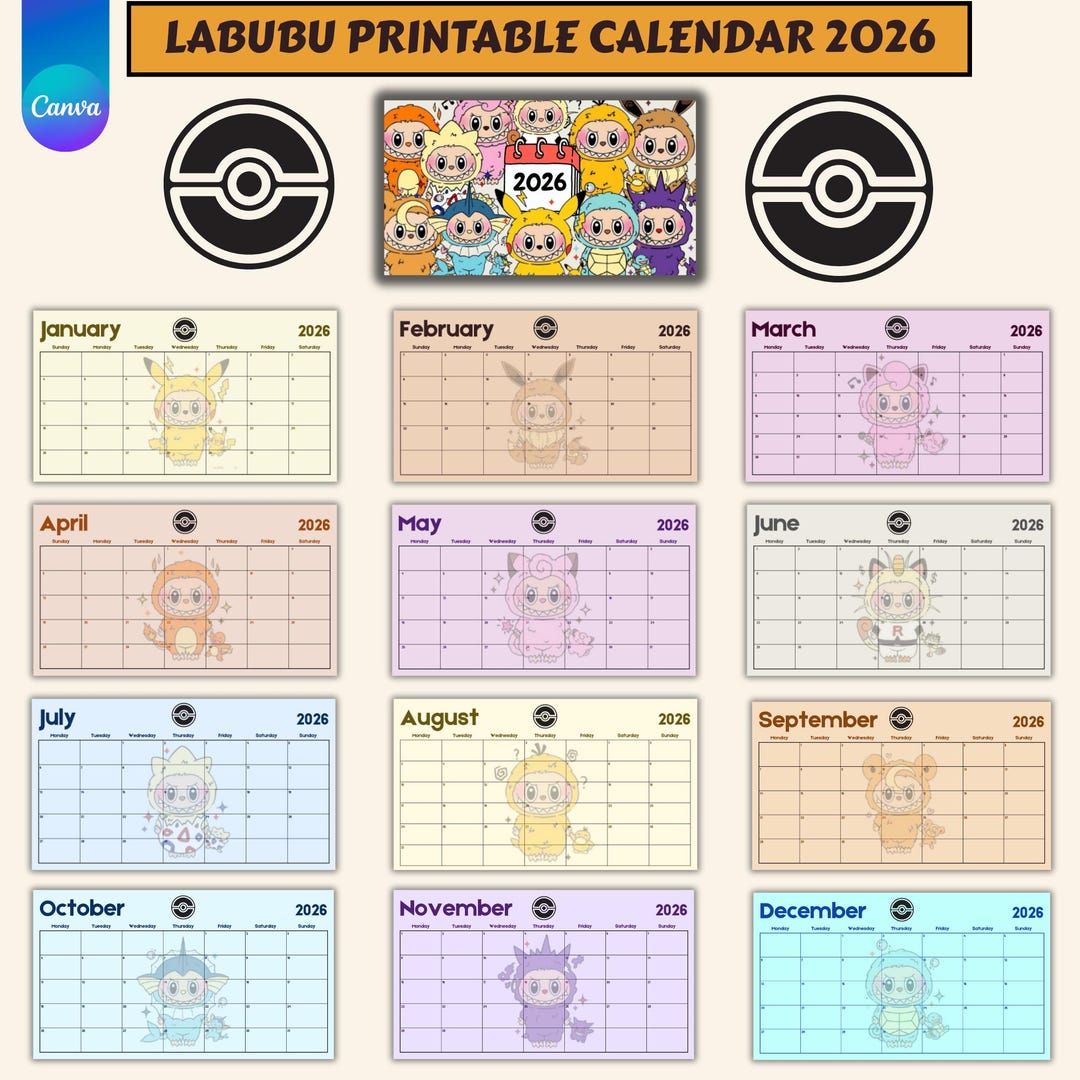 Labubu Printable Calendar Pokemon Edition, Instant Download, 2 Files ...