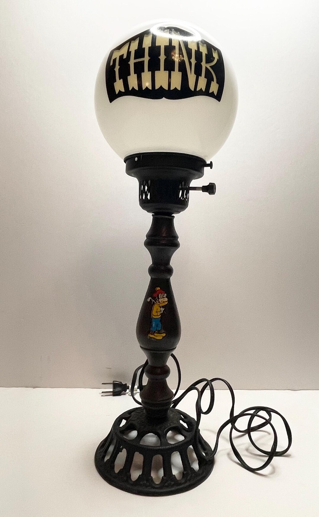 Rare Vintage “THINK” Hobo Goofy Lamp, Cast Iron Base, Wooden Stem (bulb ...