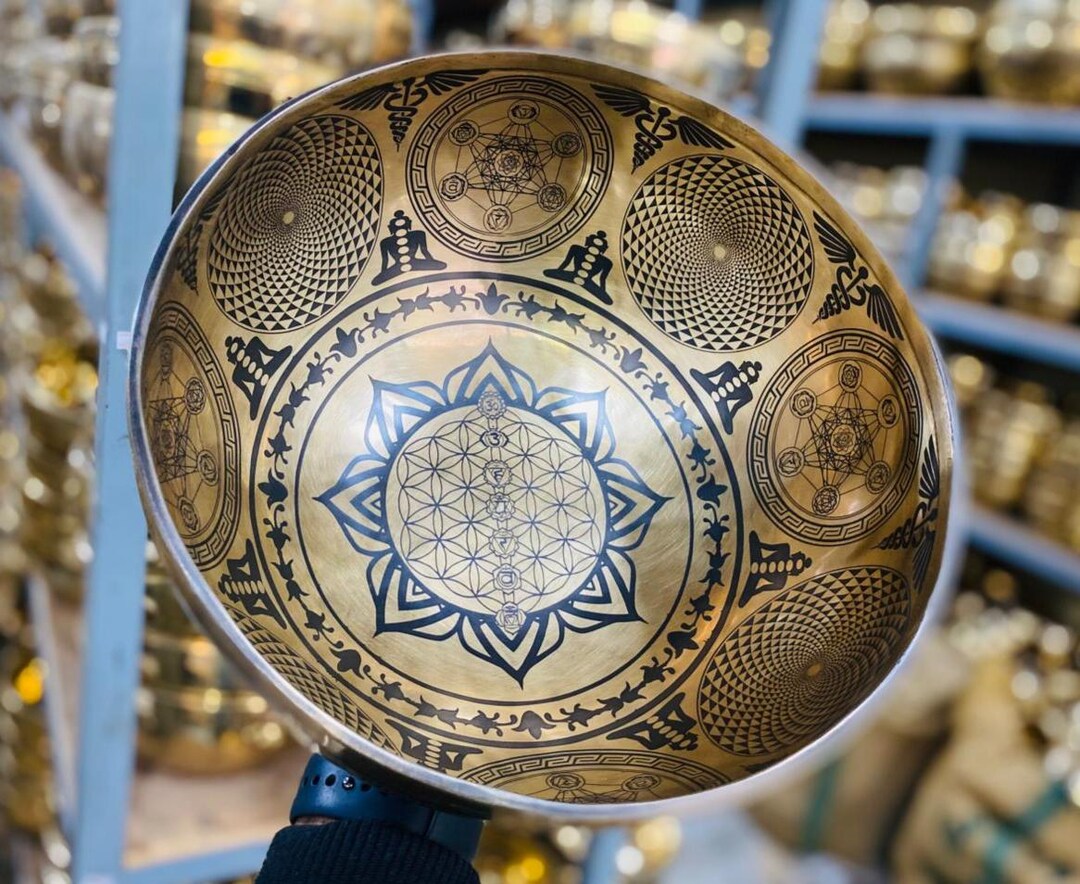 10 Inches Geometry Flower of Life Singing Bowl - Tibetan Handmade Sound ...