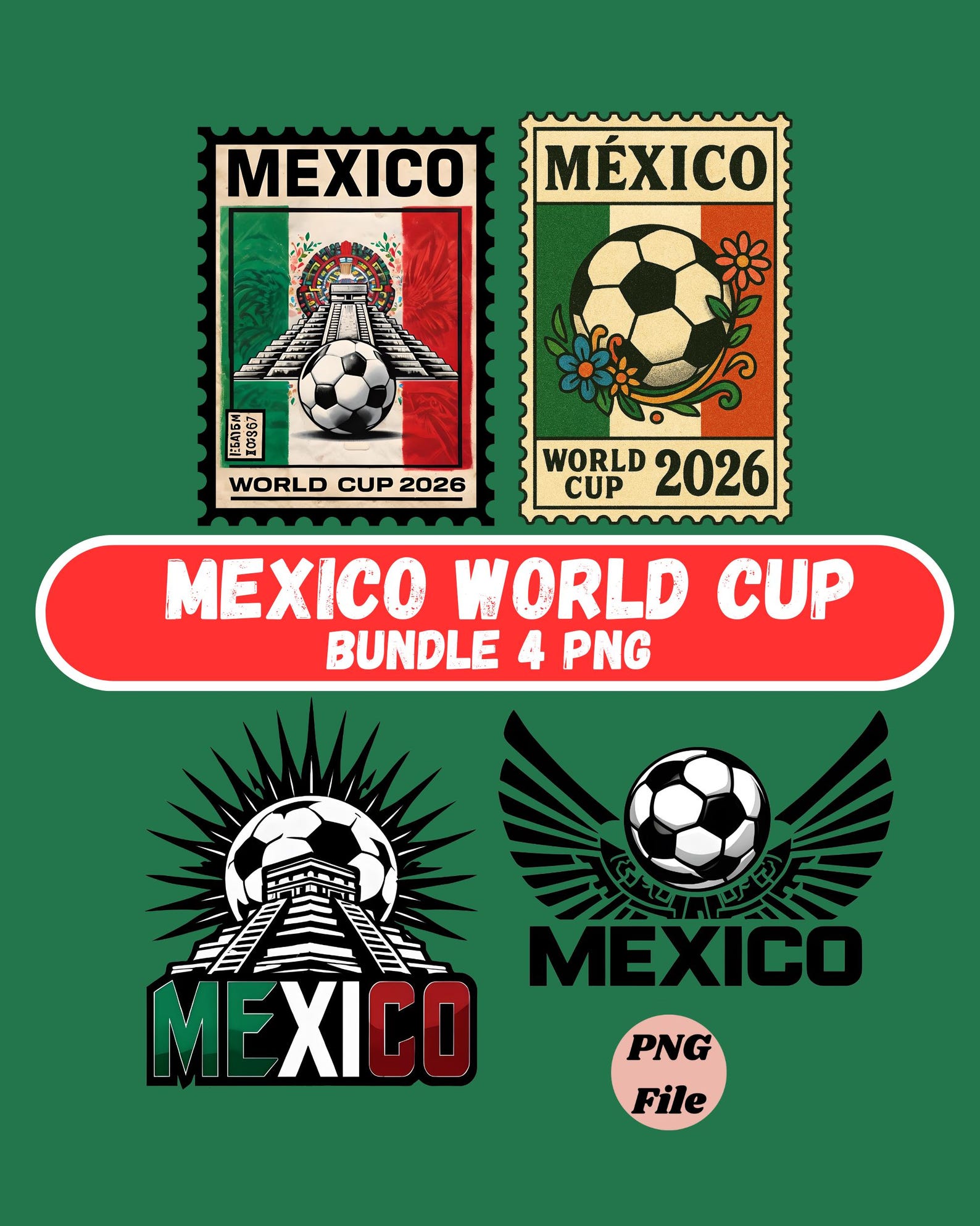 World Cup 2026 Mexico PNG Bundle, Vintage Soccer Postal Stamp, 4 ...