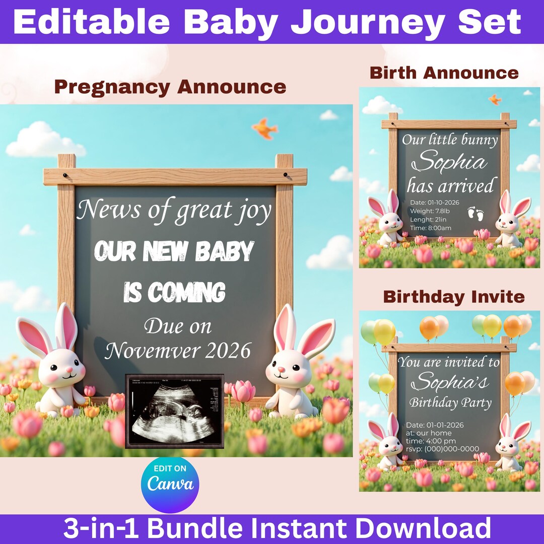 Baby Announcement Bundle | Pregnancy + Birth + 1st Birthday Templates ...