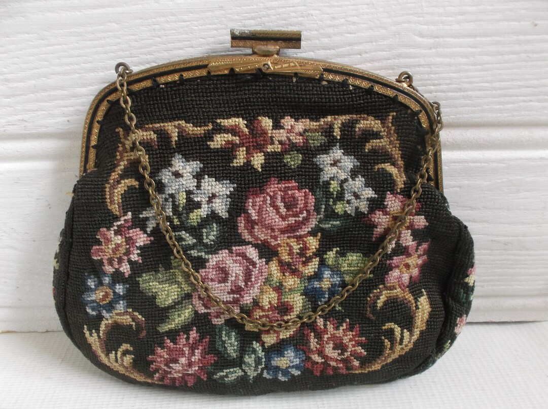 Antique Clutch Circa 1800s 1900s Black Needlepoint Roses Handbag Purse ...
