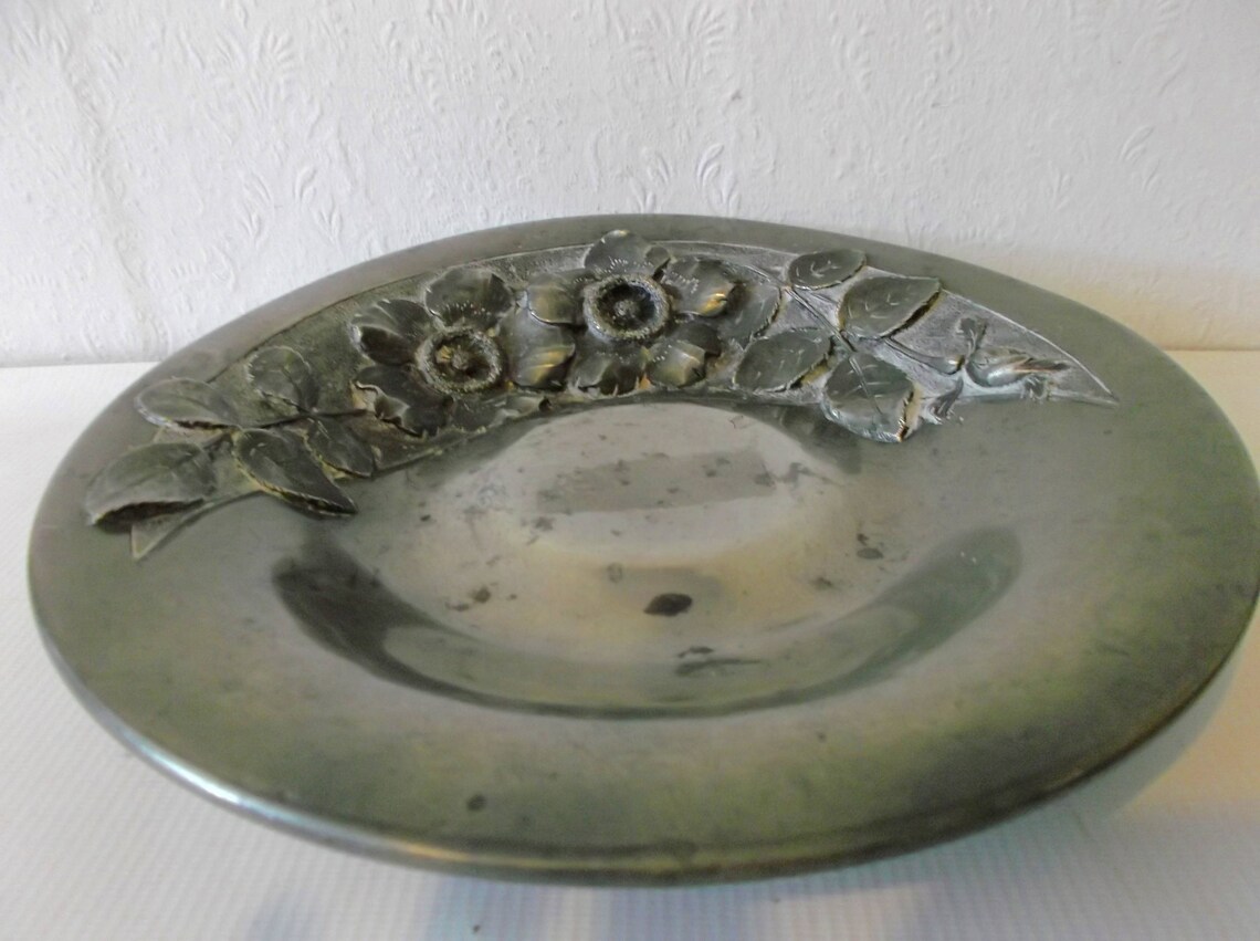 Vintage French Pewter Bowl Floral Repousse Pedestal Serving Bowl ...