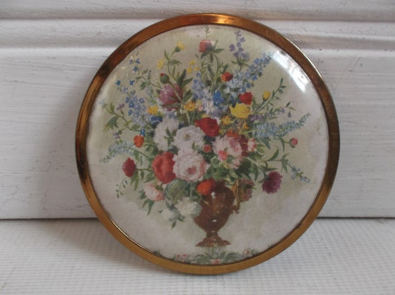 Vintage Brass Flowers Compact Large Gold Round Powder… - Gem
