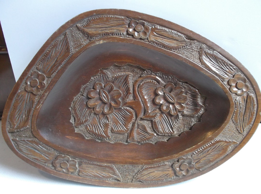 Antique Treenware Wood Tray Decorative Carved Rustic Dish Bohemian ...