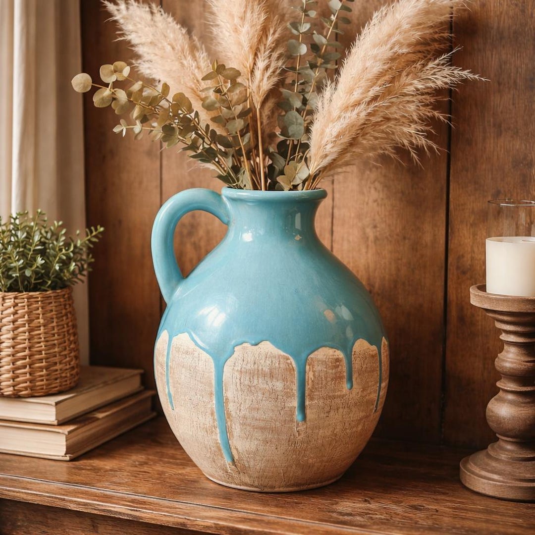 Vintage Turquoise Drip Glaze Pottery Jug Vase Large Rustic Farmhouse 11 ...