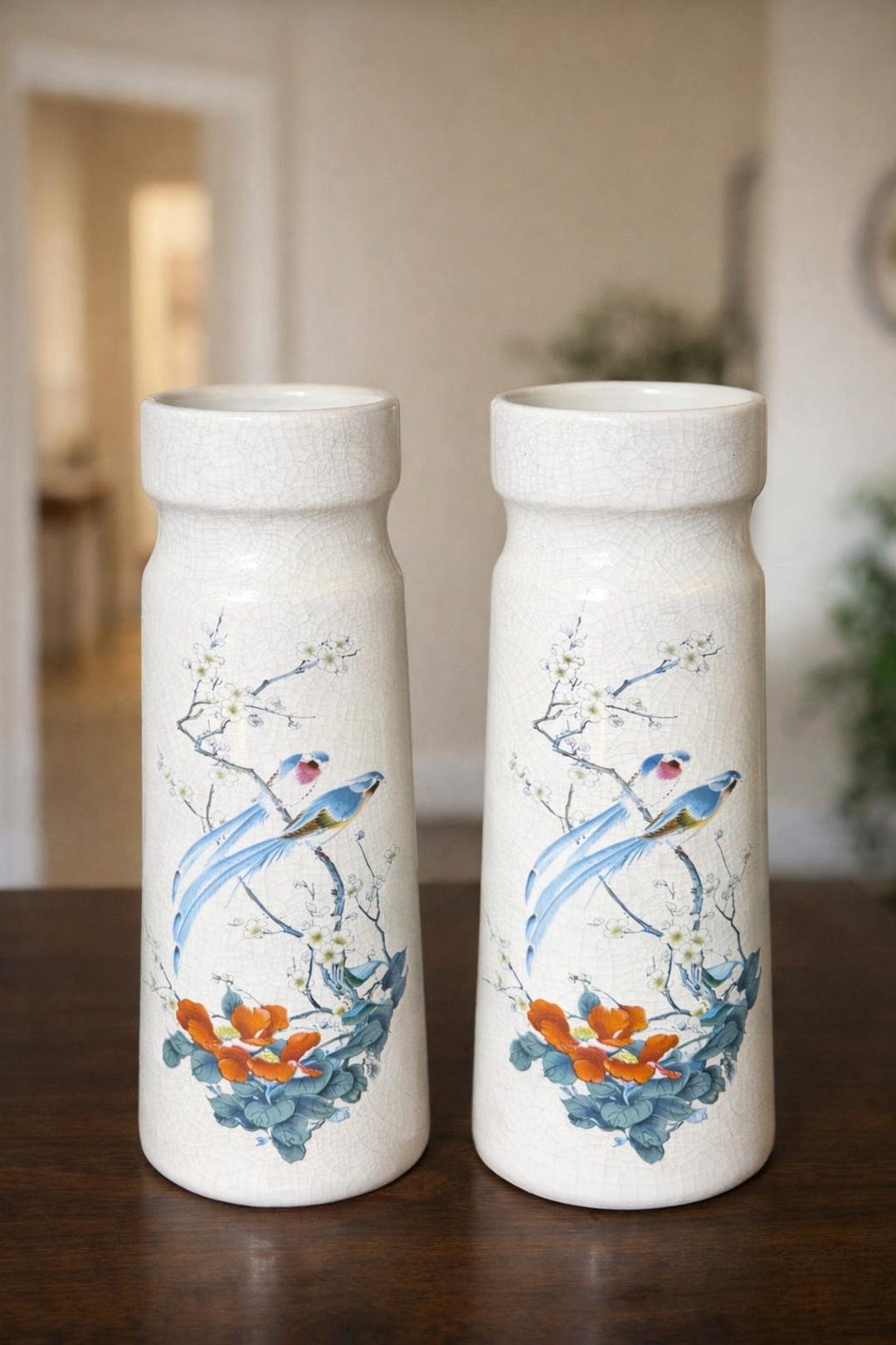 Vintage 12-inch Japanese Style Blue Bird & Floral Design Porcelain ...