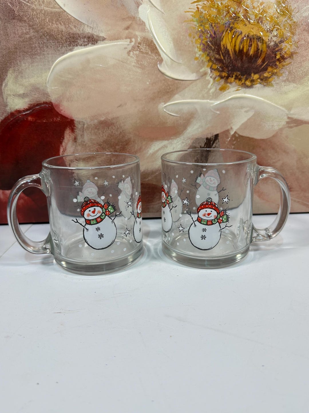 Set of 2 Vintage Christmas Snowman Glass Mugs Holiday Glassware - Etsy