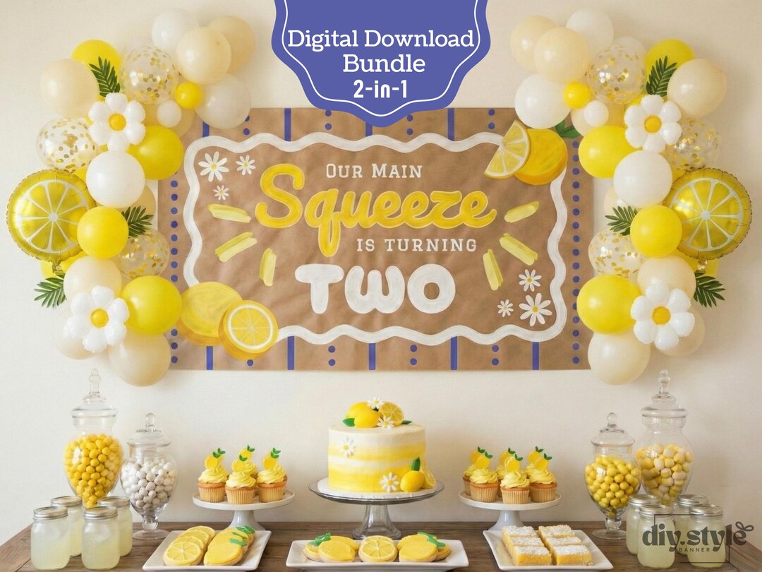 Our Main Squeeze Lemon Birthday Banner Canva Template, Editable Yellow ...