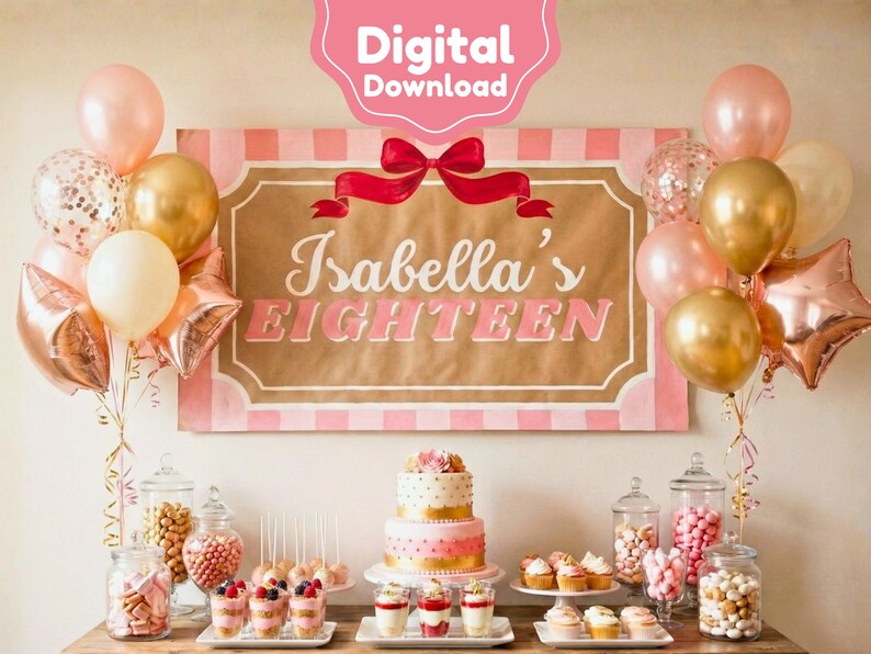 Editable Birthday Banner Template | Pink Bow & Stripes Backdrop ...