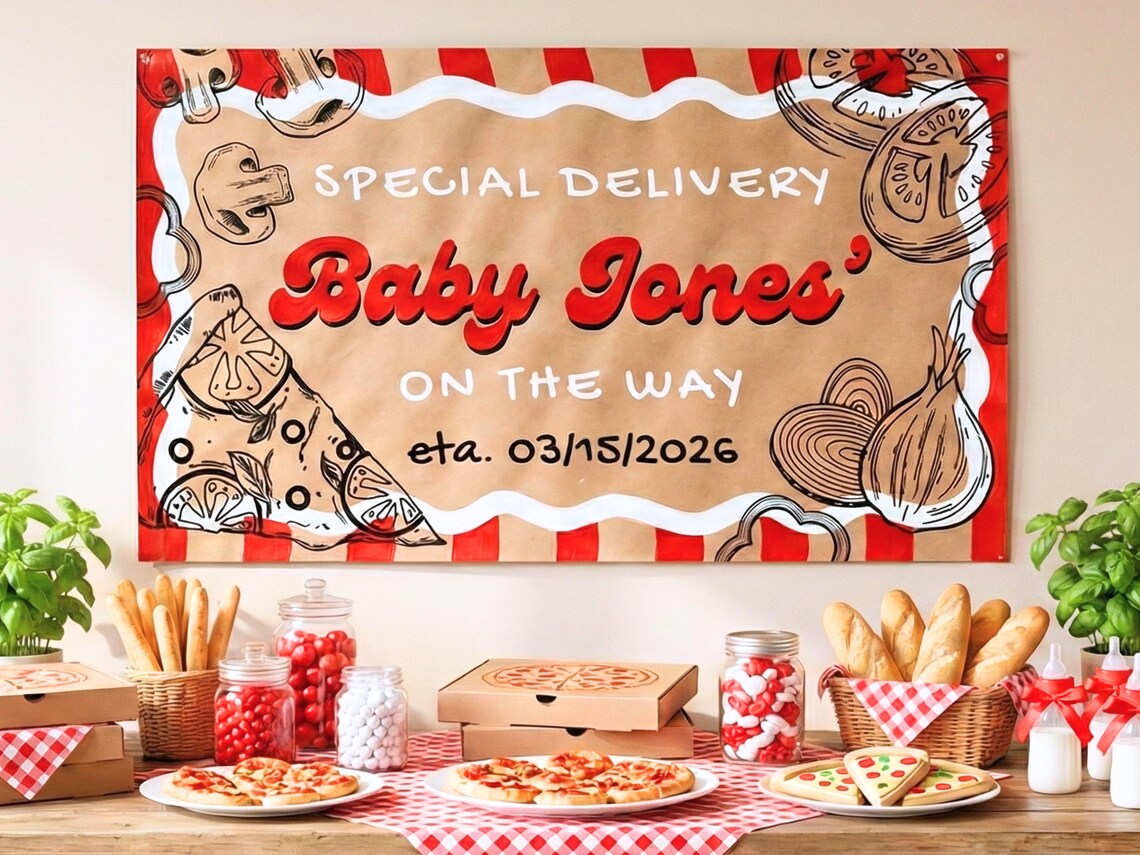 Special Delivery Pizza Baby Shower Banner Template | Pizza Theme Party ...