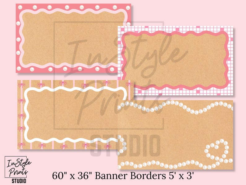 Pink Girl Bows Banner Borders Canva Template | 20 Hand-painted Look ...