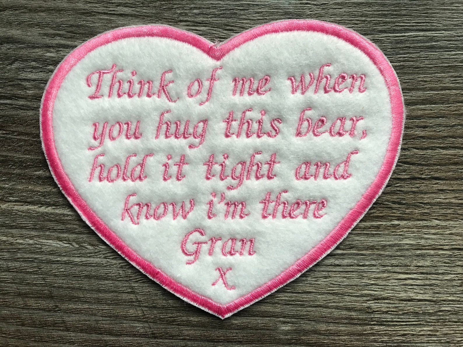 Personalised Heart Shaped Memory Embroidery Patch for a Memory Bear Think of Me When You Hug ...