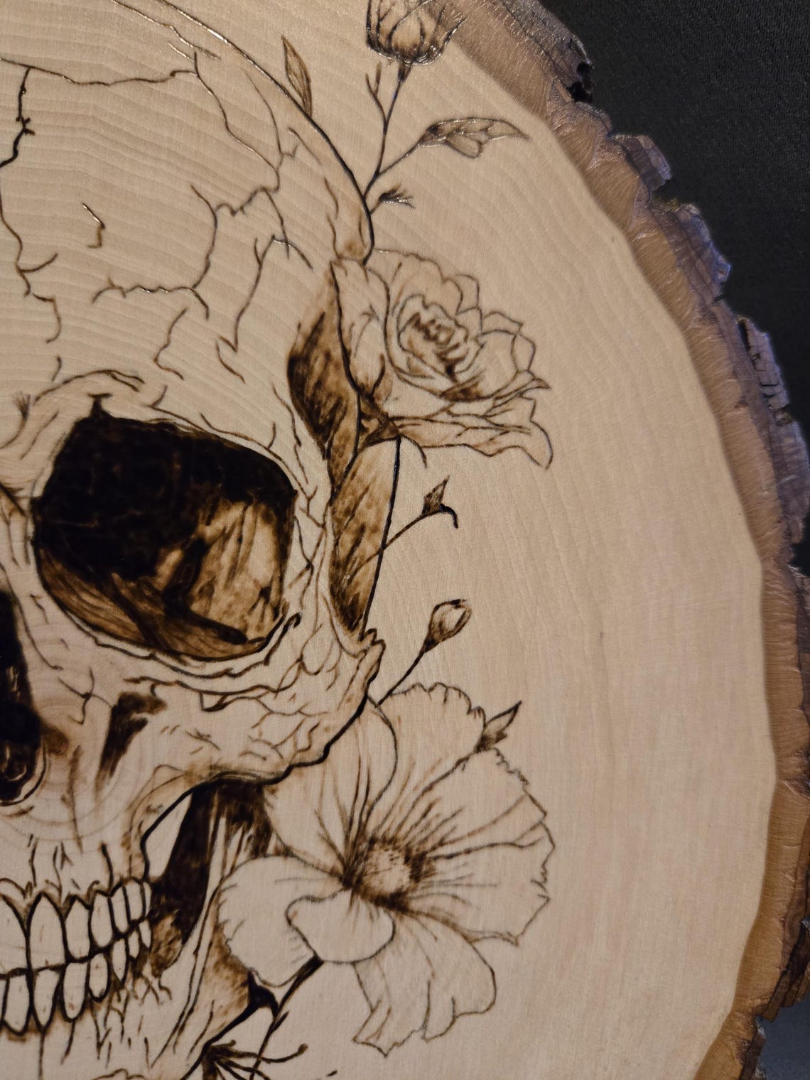 Floral Skull Woodburning | Handmade Pyrography Art on Natural Wood ...