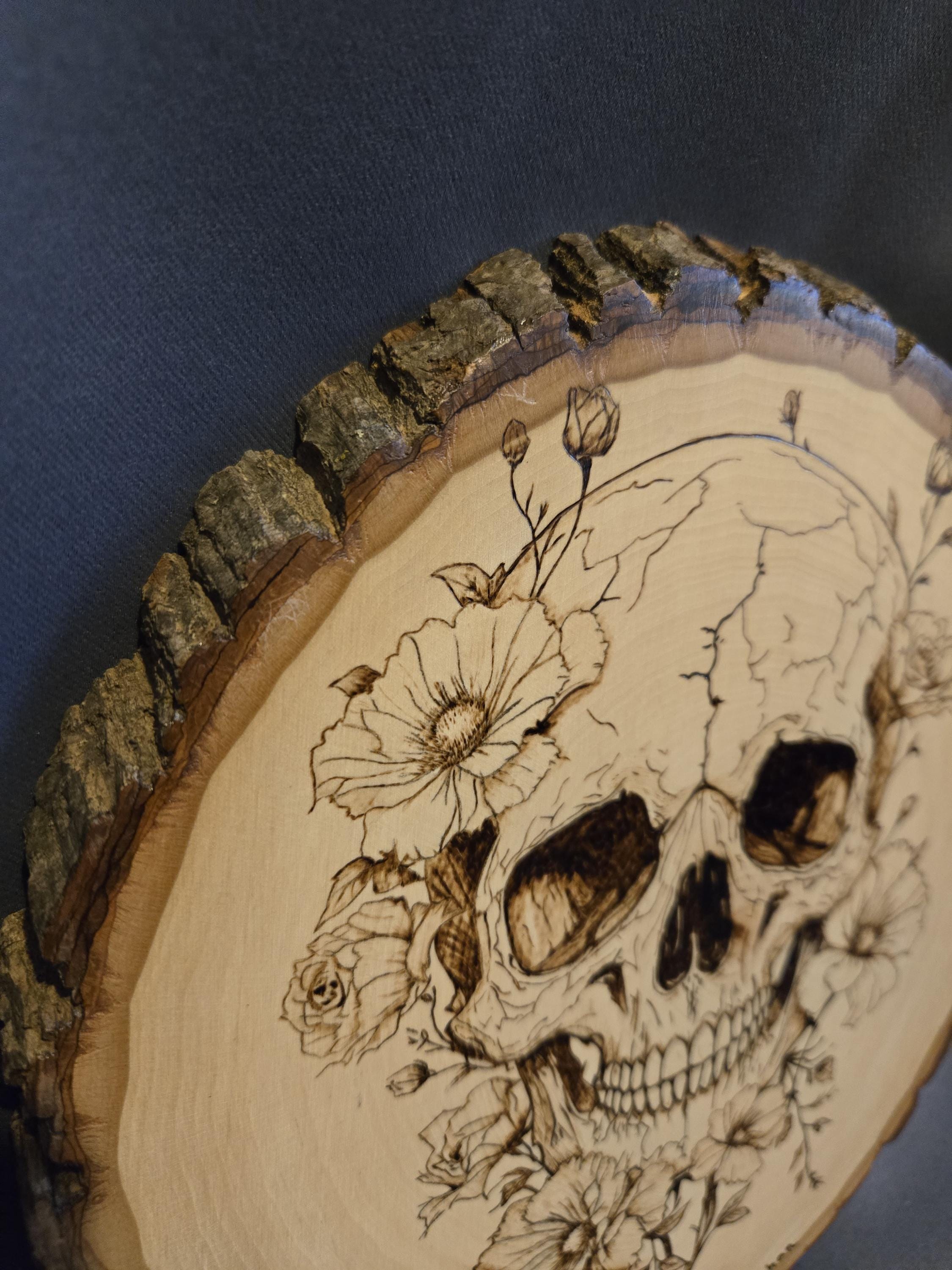 Floral Skull Woodburning | Handmade Pyrography Art on Natural Wood ...