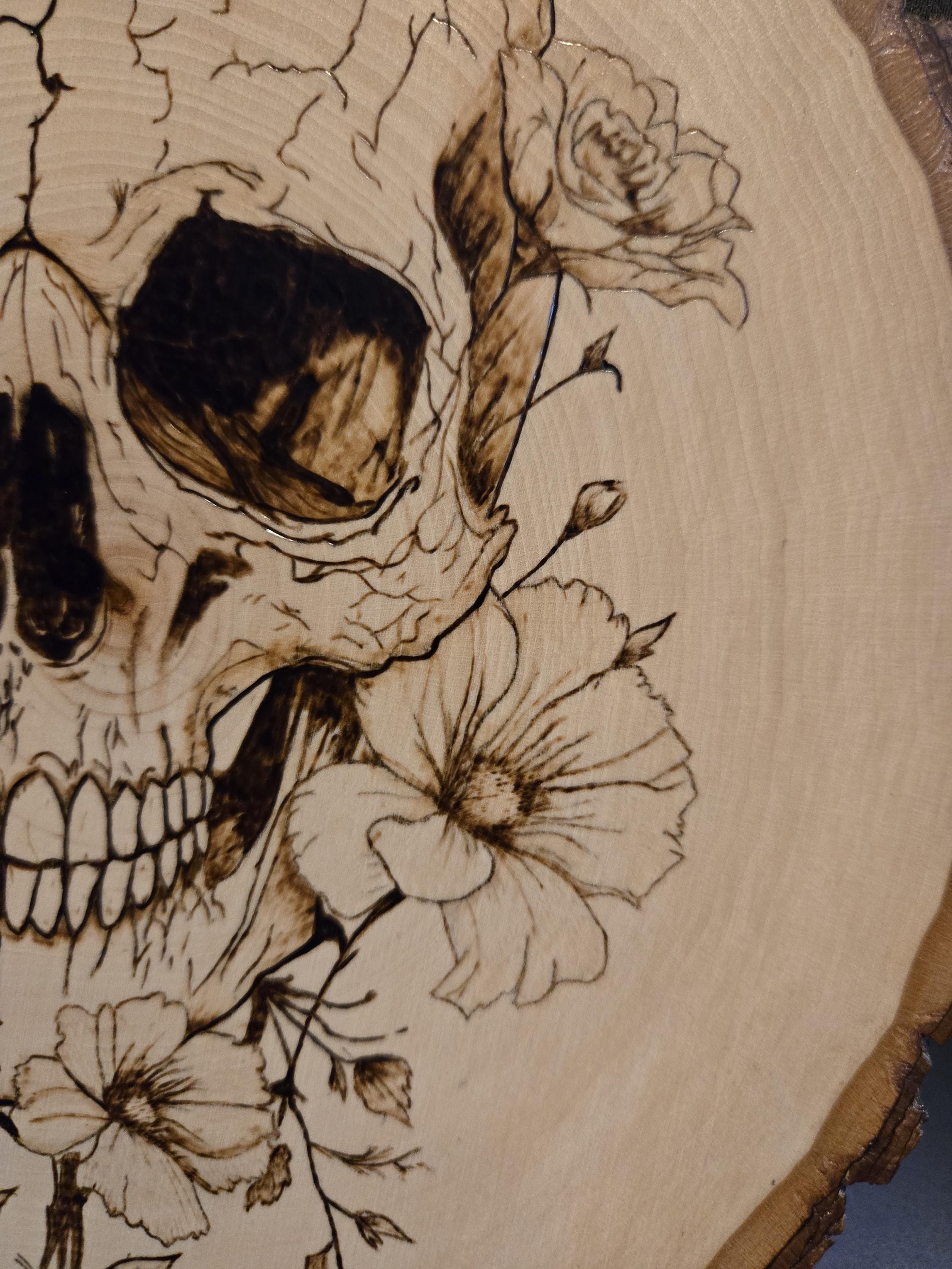 Floral Skull Woodburning | Handmade Pyrography Art on Natural Wood ...
