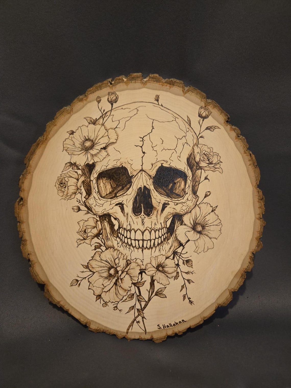 Floral Skull Woodburning | Handmade Pyrography Art on Natural Wood ...