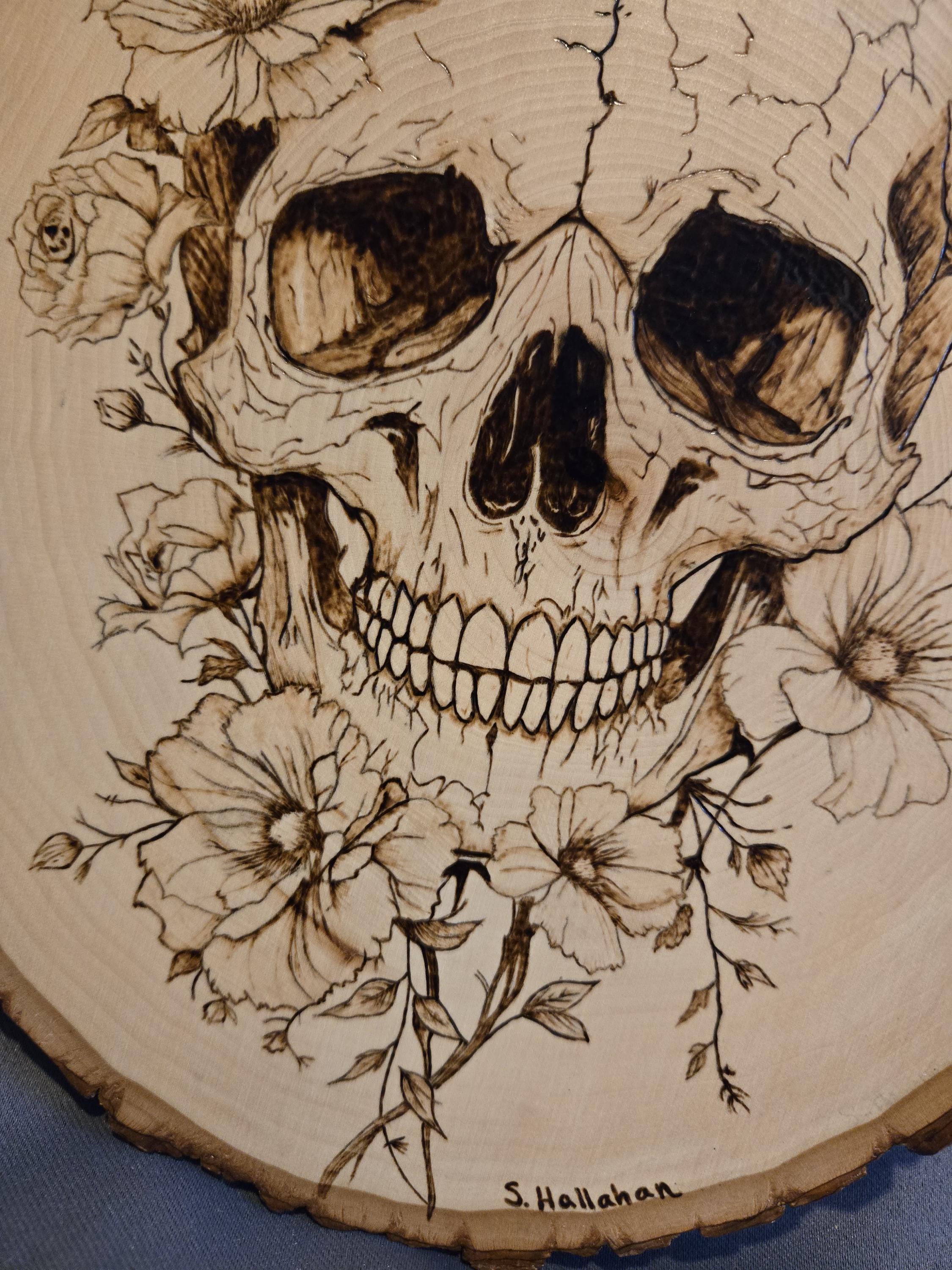 Floral Skull Woodburning | Handmade Pyrography Art on Natural Wood ...
