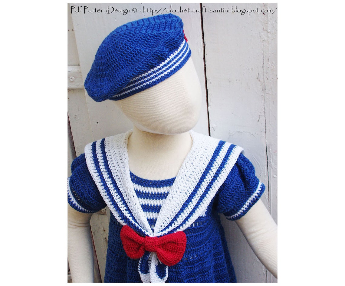 SAILOR COLLAR Crochet Pattern With Red Bow for Nautical Dress - Instant ...