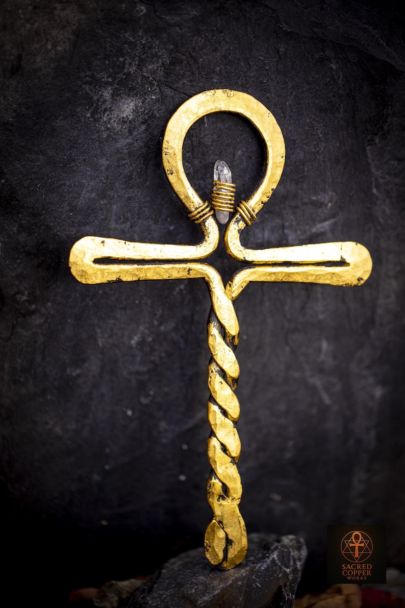 Gold & Quartz Ritual Ankh Forged in Fire – Large Blackened Copper Altar ...