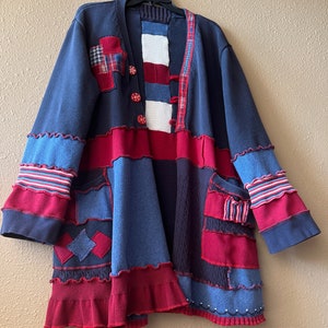 Upcycled Oversized Patchwork Cardigan Navy Blue & Red XXL - Etsy