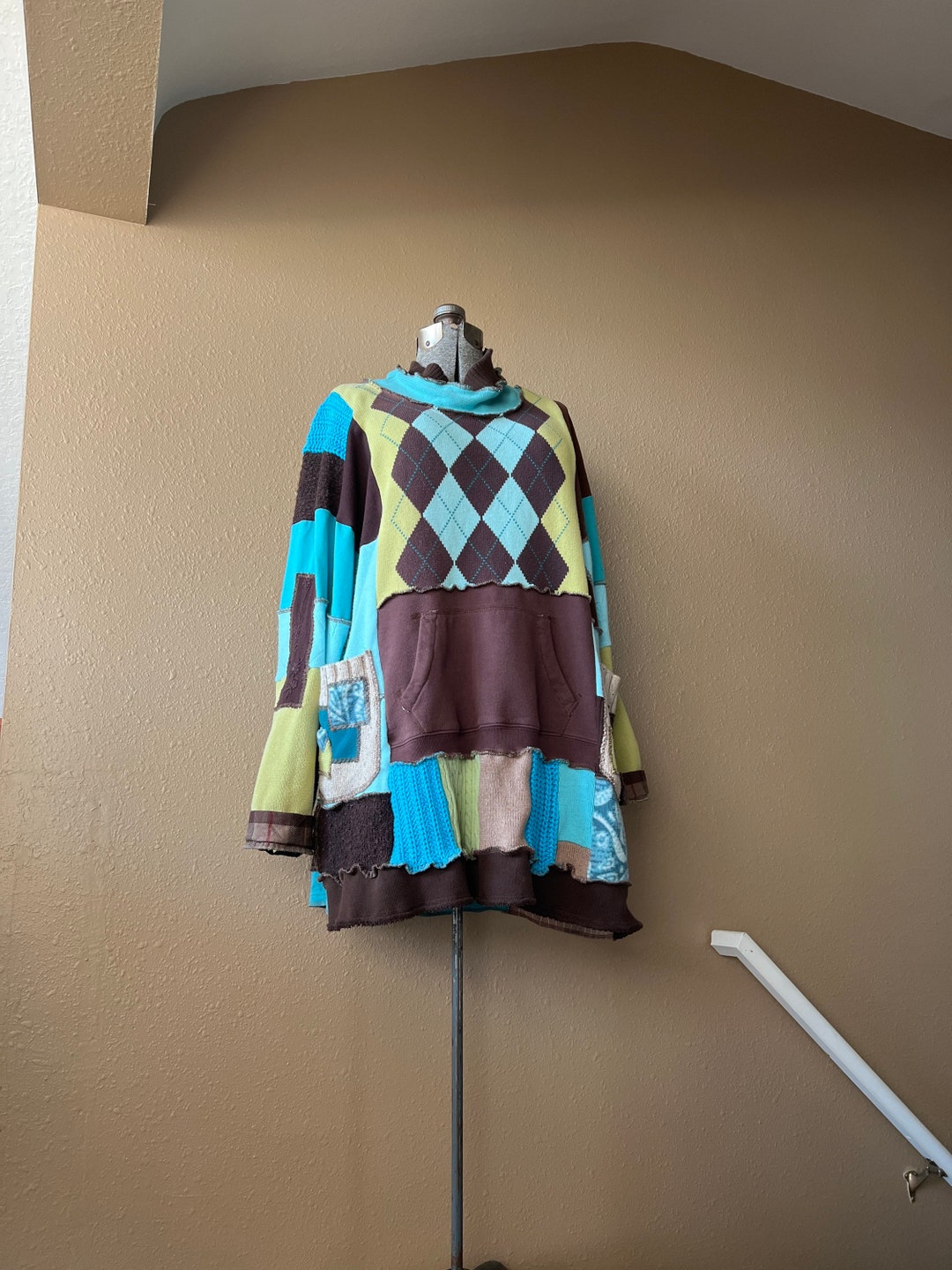 Colorful Refashioned Funky Loose Fit Pullover Patchwork Upcycled Argyle Oversized Sweater Tunic ...