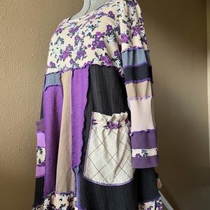 Upcycled Floral Patchwork T-shirt Dress or Tunic, Purple Rose Print ...