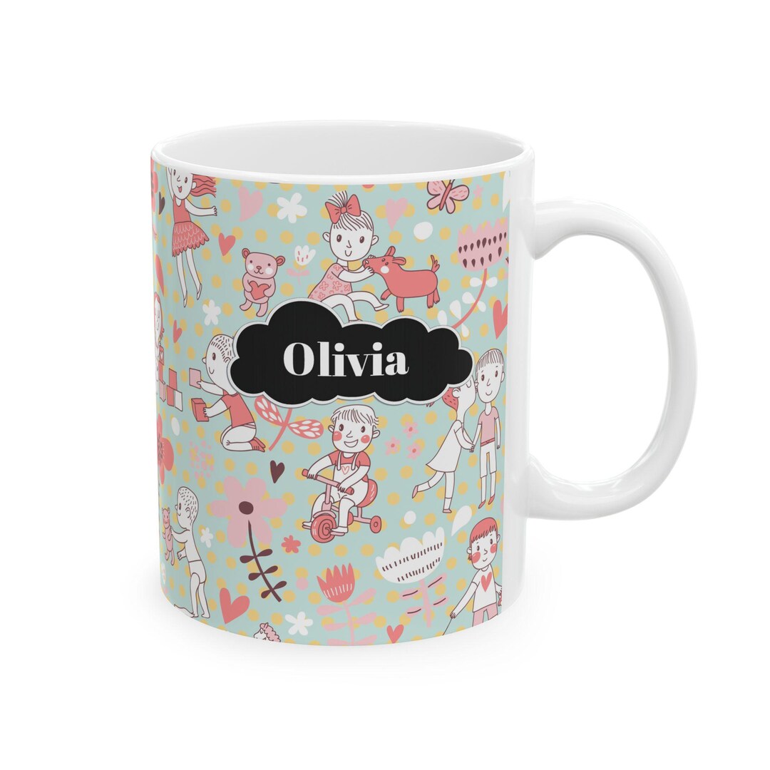 Cute Kids Playtime Pattern Mug | Personalized Name 11oz White Ceramic ...