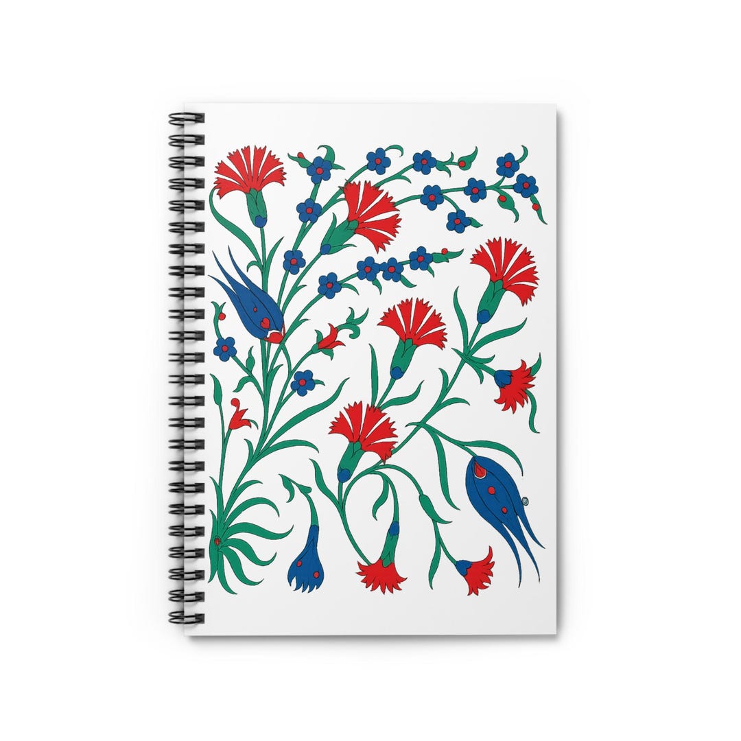 Floral Spiral Notebook: Turkish Tile Inspired Journal, Red Carnation ...