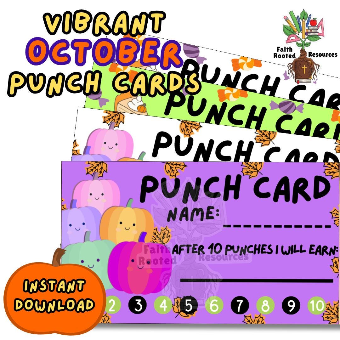 SET of 4 Vibrant October Printable Punch Cards for Kids: Reward ...