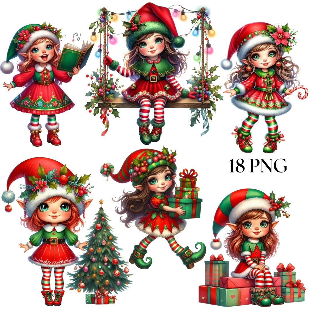 Christmas Elf Girl Clipart, 18 PNG Cute Santa's Helper Holiday Elves ...