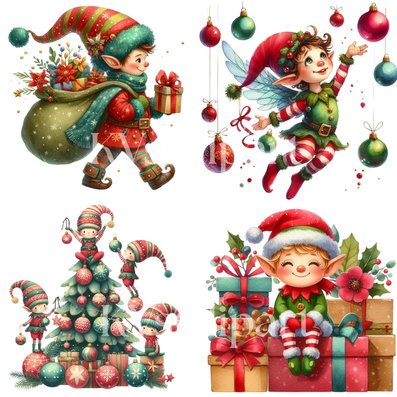 Christmas Elf Clipart Bundle, 32 PNG Cute Elves Santa's Helper ...