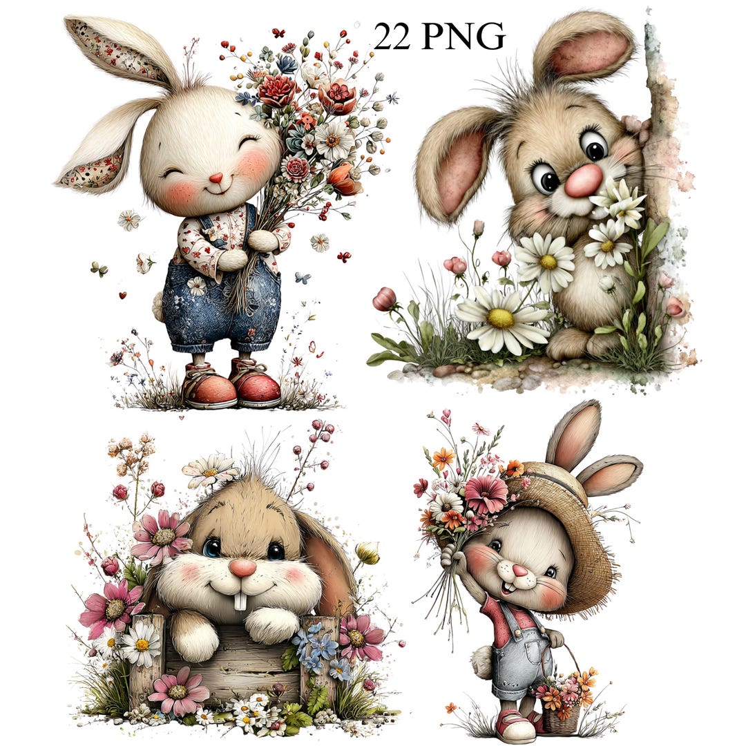 Spring Bunny Clipart, 22 PNG Cute Rabbit With Flowers, Spring & Easter ...