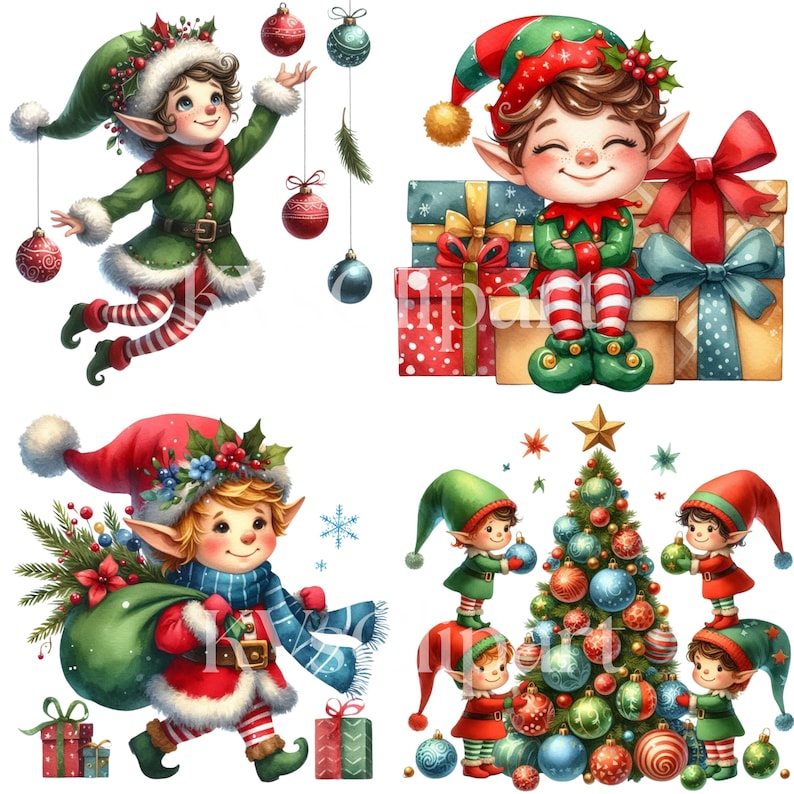 Christmas Elf Clipart Bundle, 32 PNG Cute Elves Santa's Helper ...