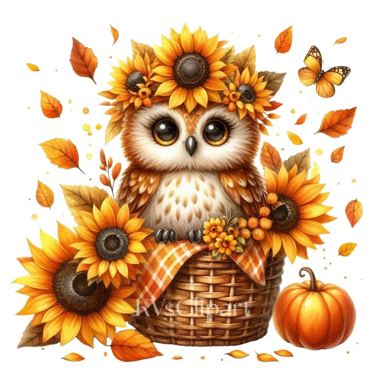 Autumn Owl Clipart Bundle, 15 PNG Cute Owls With Sunflowers & Fall ...