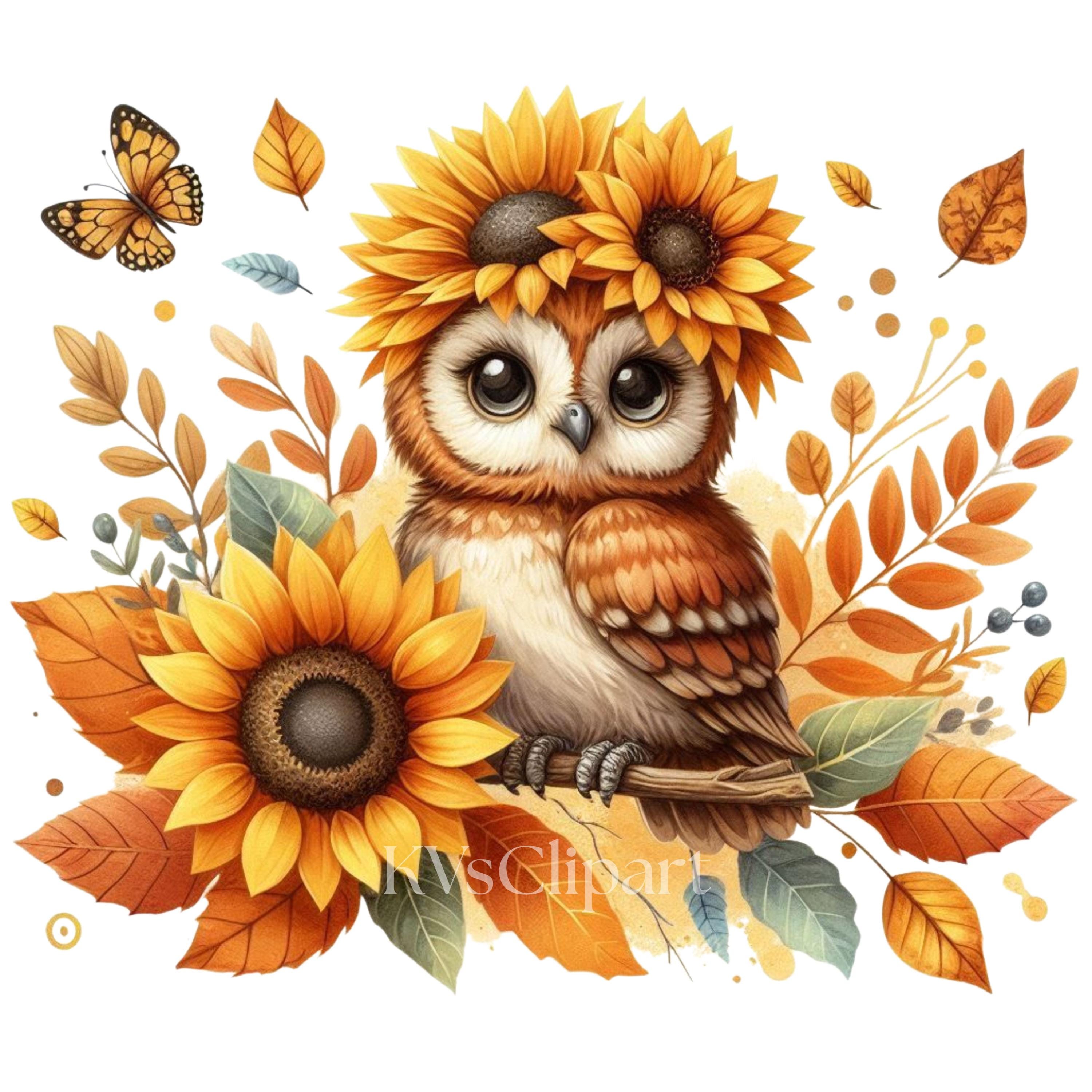 Autumn Owl Clipart Bundle, 15 PNG Cute Owls With Sunflowers & Fall ...