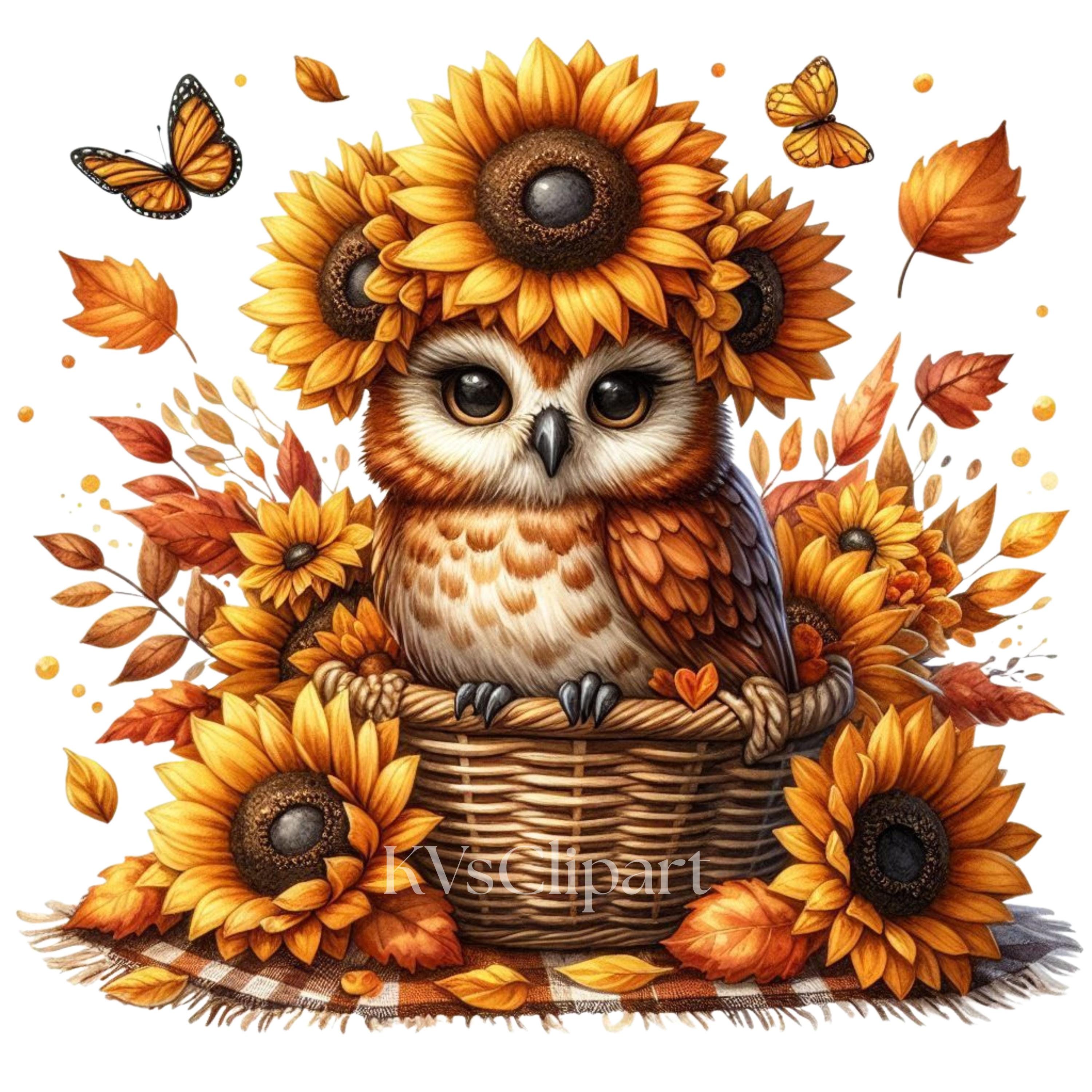 Autumn Owl Clipart Bundle, 15 PNG Cute Owls With Sunflowers & Fall ...
