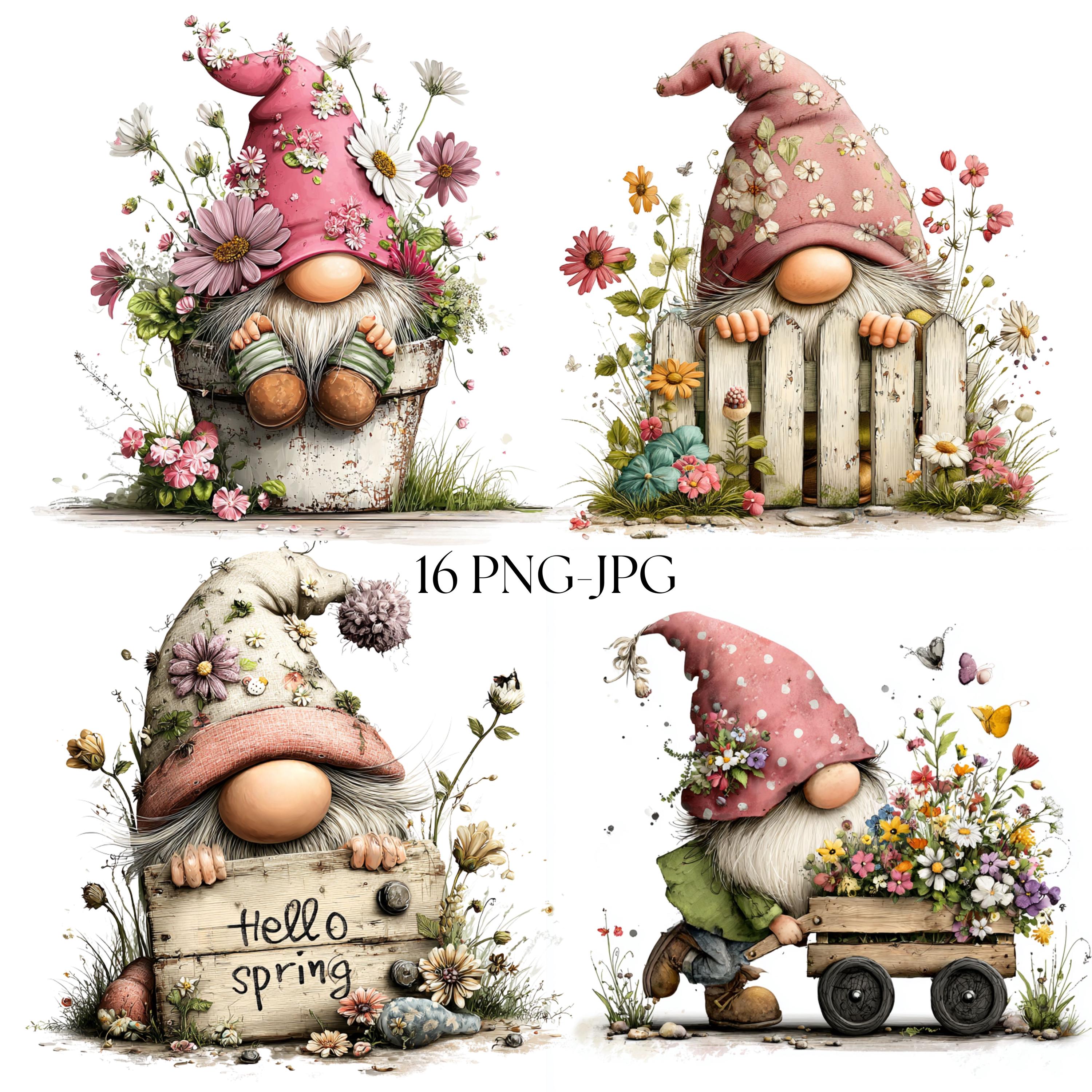 Spring Gnome Clipart Bundle, 16 PNG-JPG Cute Spring Garden Gnome ...