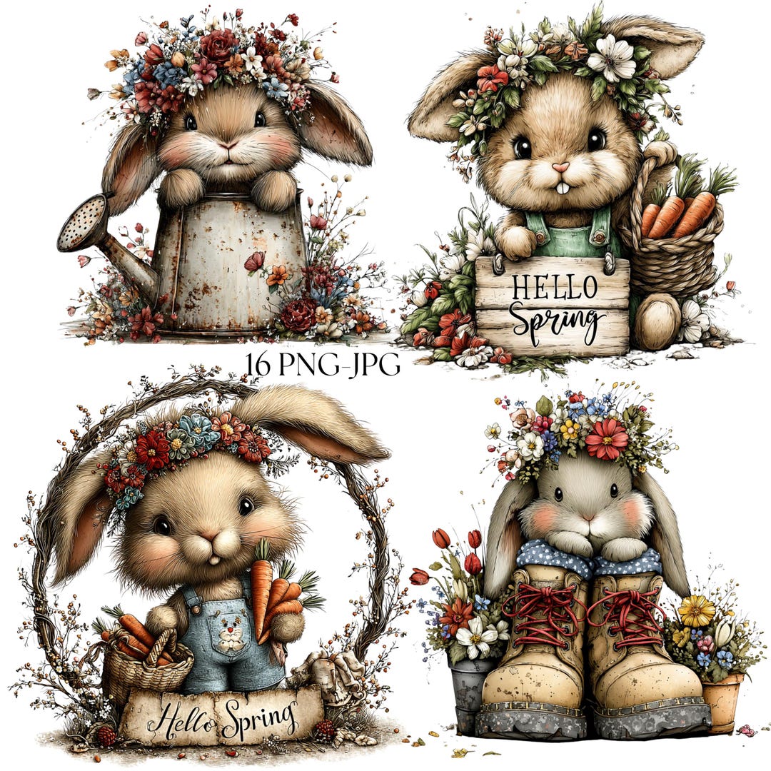 Cute Spring Bunny Clipart, 16 PNG-JPG Whimsical Rabbit With Flowers ...