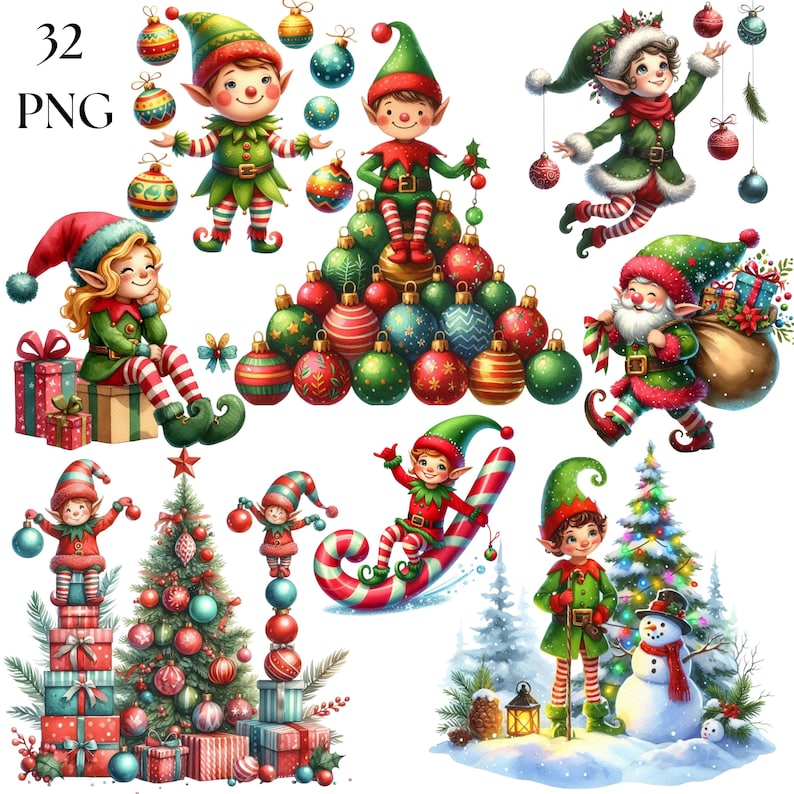 Christmas Elf Clipart Bundle, 32 PNG Cute Elves Santa's Helper ...