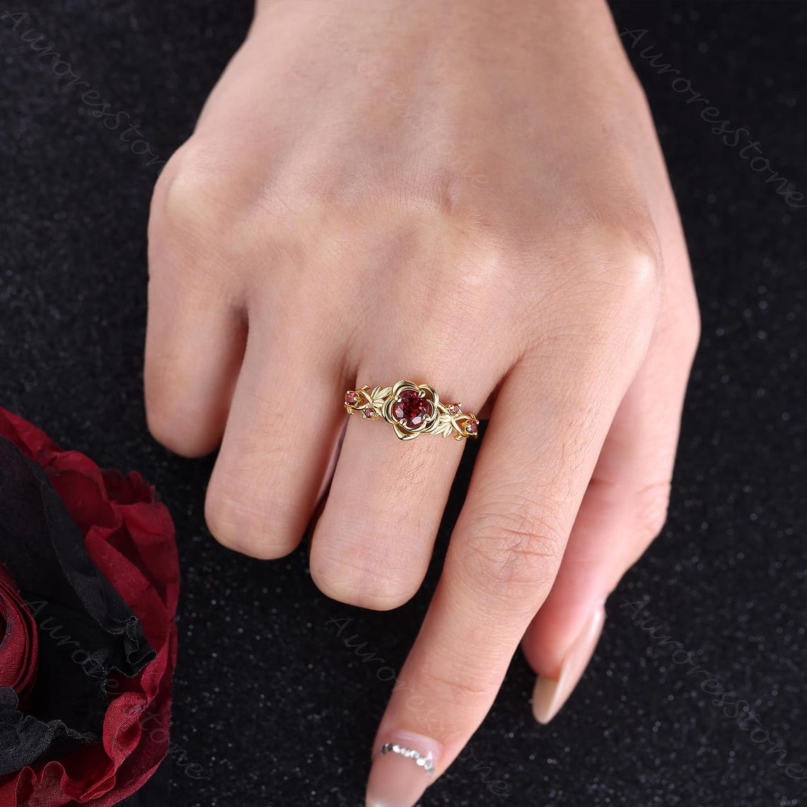 Vintage Floral Garnet Engagement Ring Set, 14K Gold Vine Leaf Wedding ...